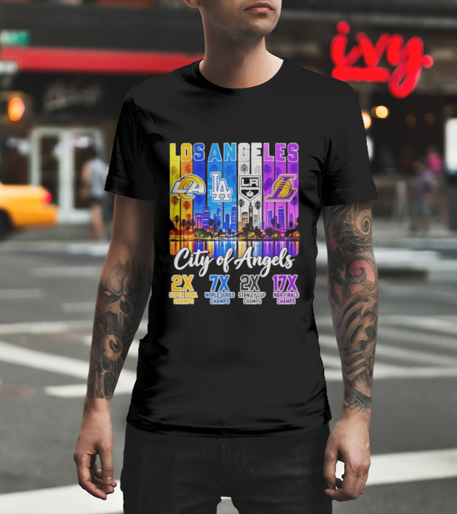 Los Angeles City Of Angels 2X Super Bowl 7X World Series 2X Stanley Cup 17X NBA Finals Champs T-Shirt