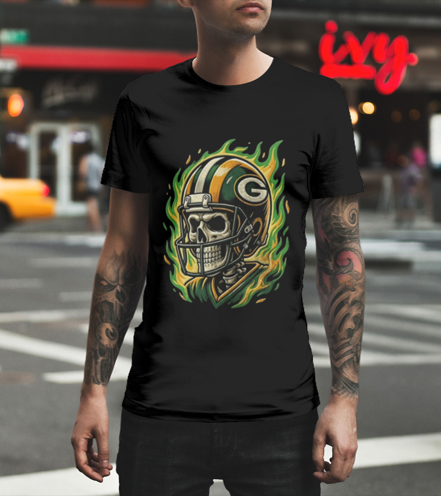 Green Bay Packers Skeleton Football Player Flaming Helmet T-Shirt