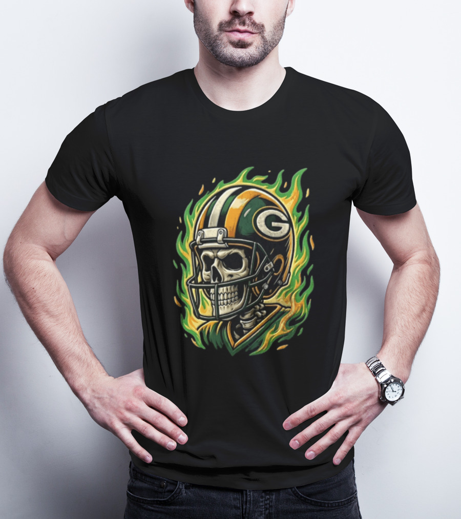 Green Bay Packers Skeleton Football Player Flaming Helmet T-Shirt