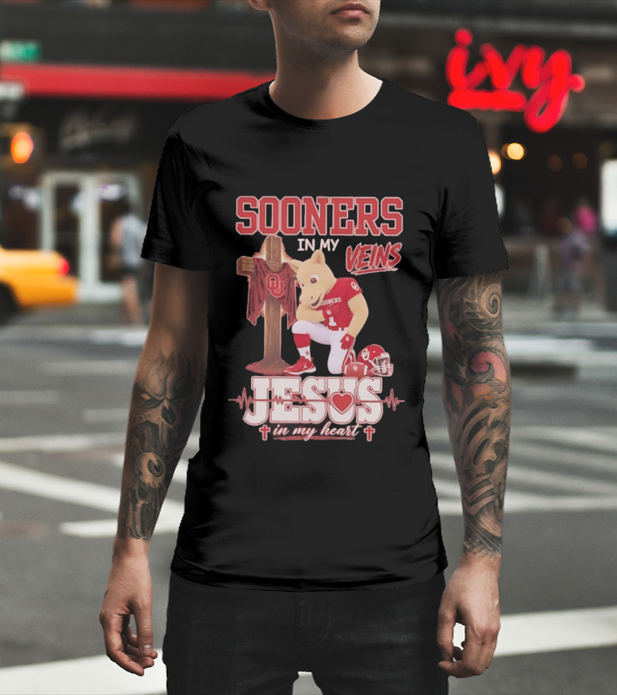 Oklahoma Sooners In My Veins Jesus In My Heart Football Mascot And Cross T-Shirt