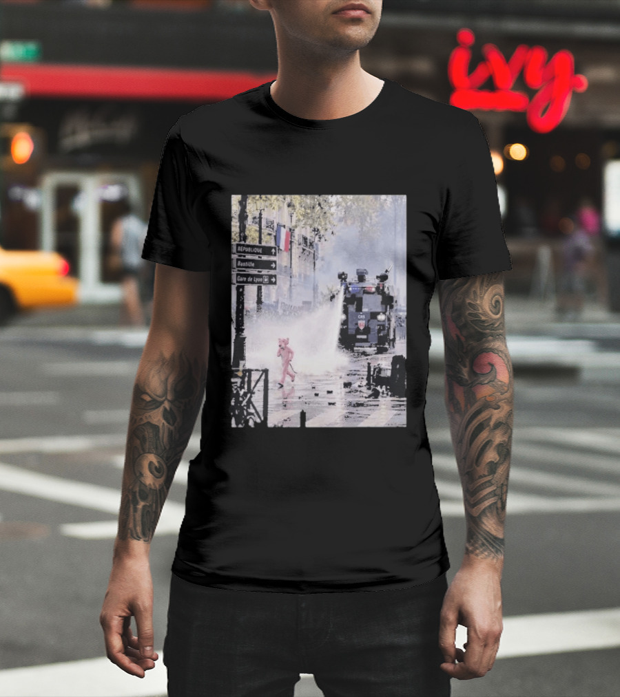 Pink Panther France 2026 Running Through Streets Under Riot Control Water Cannon T-Shirt