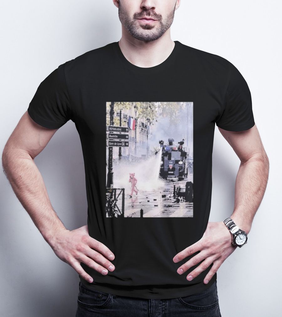 Pink Panther France 2026 Running Through Streets Under Riot Control Water Cannon T-Shirt