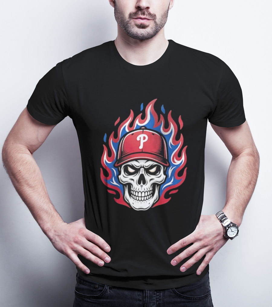 Philadelphia Phillies Skull Baseball Cap Flames T-Shirt