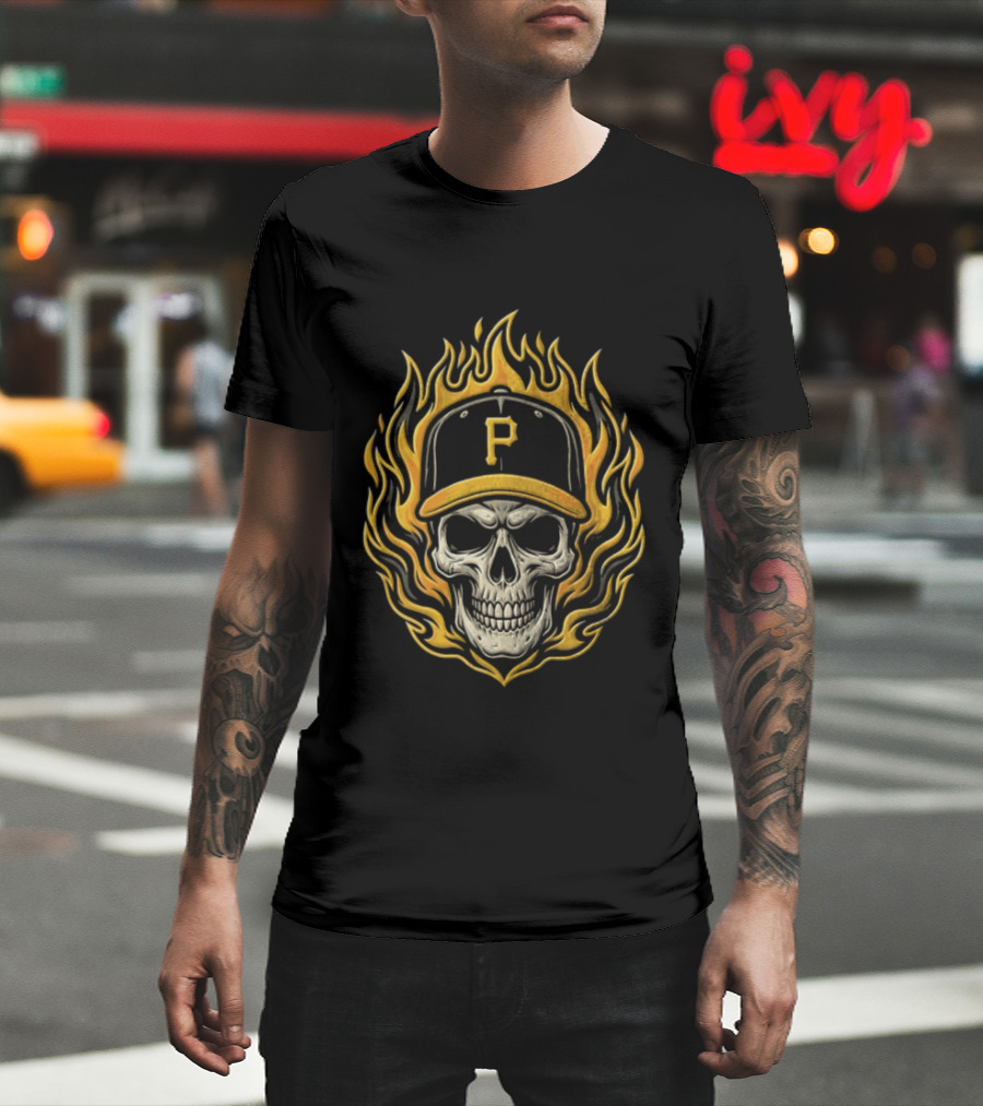 Pittsburgh Pirates Skull Baseball Cap Fire Crown Of Thorns T-Shirt