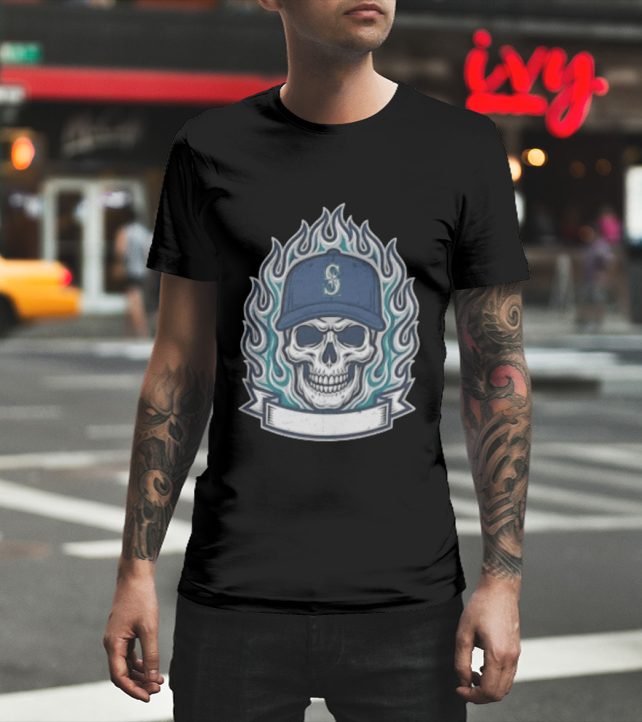 Seattle Mariners Skull Cap Flames Skeleton Angel Cross Wreath T-Shirt