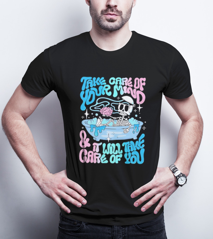 Skeleton Take Care Of Your Mind Neon Pastel Aesthetic T-Shirt