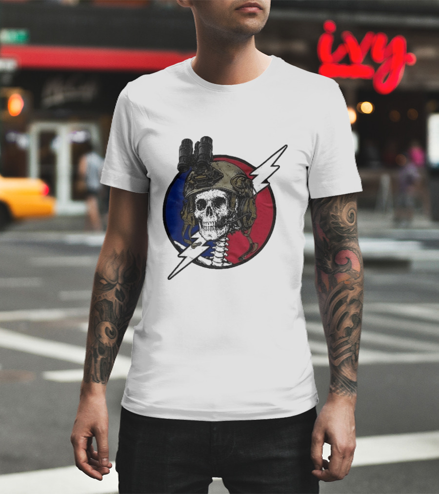 Grateful Dead Carry The Fire Skull With Helmet Lightning Bolt Blue Red Circle T-Shirt