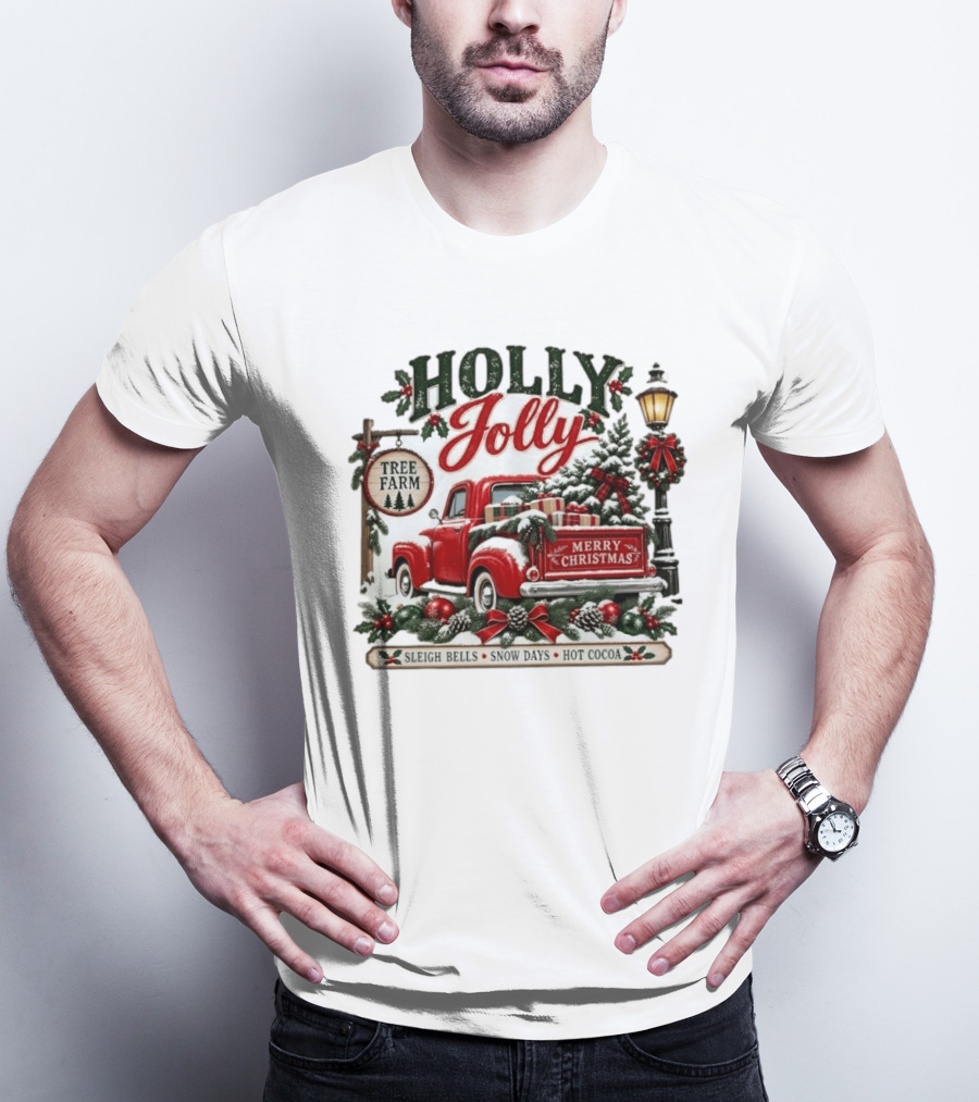 Holly Jolly Red Truck Merry Christmas Tree Farm Sleigh Bells Snow Days Hot Cocoa T-Shirt