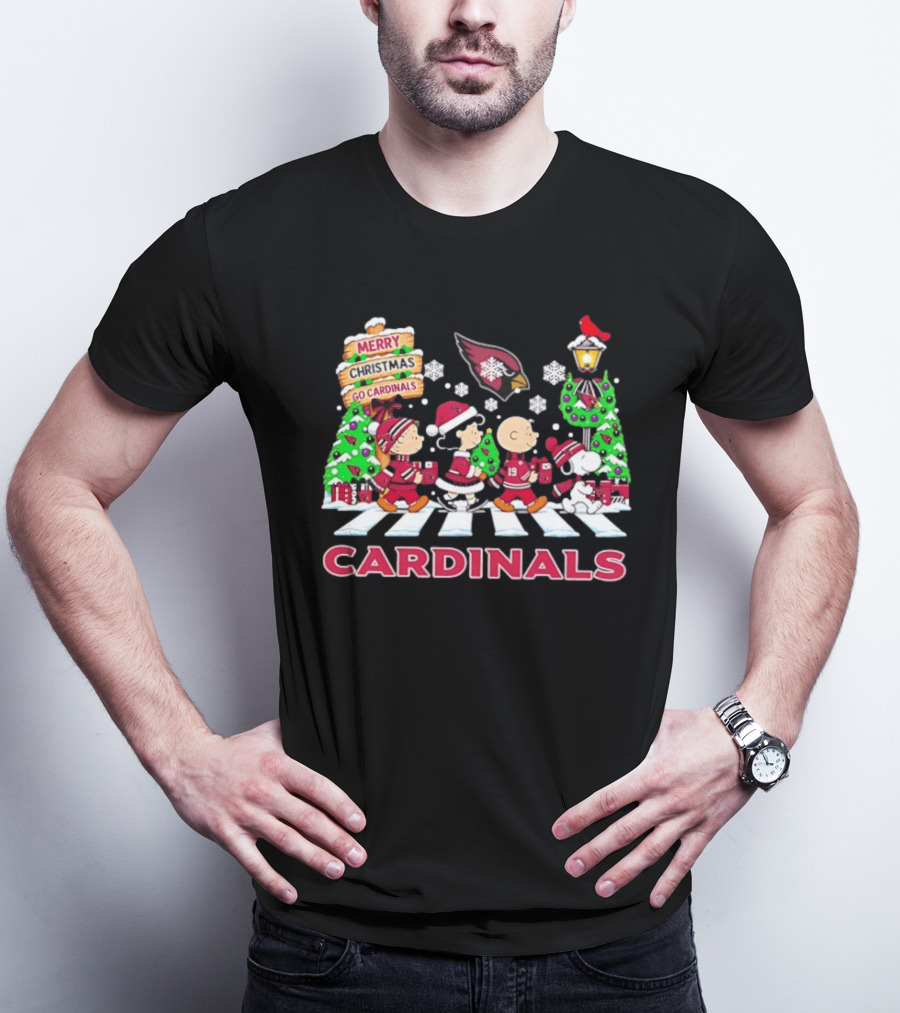 Arizona Cardinals Peanuts Abbey Road Merry Christmas Snowflakes T-Shirt