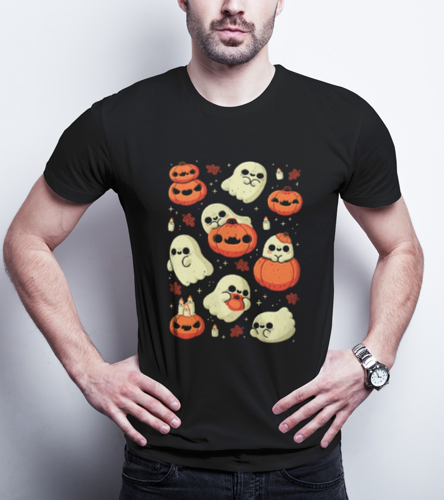 Cute Halloween Ghosts With Pumpkin Faces And Stars T-Shirt