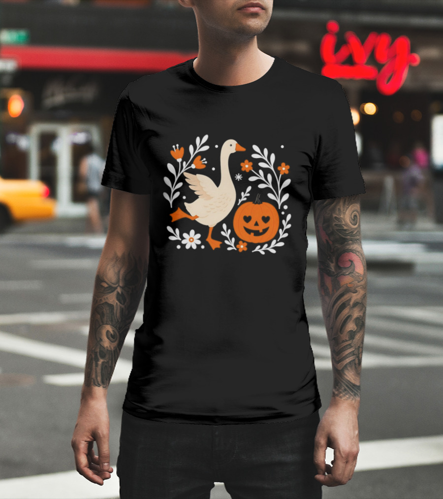 Goose And Pumpkin With Floral Halloween Vibes T-Shirt