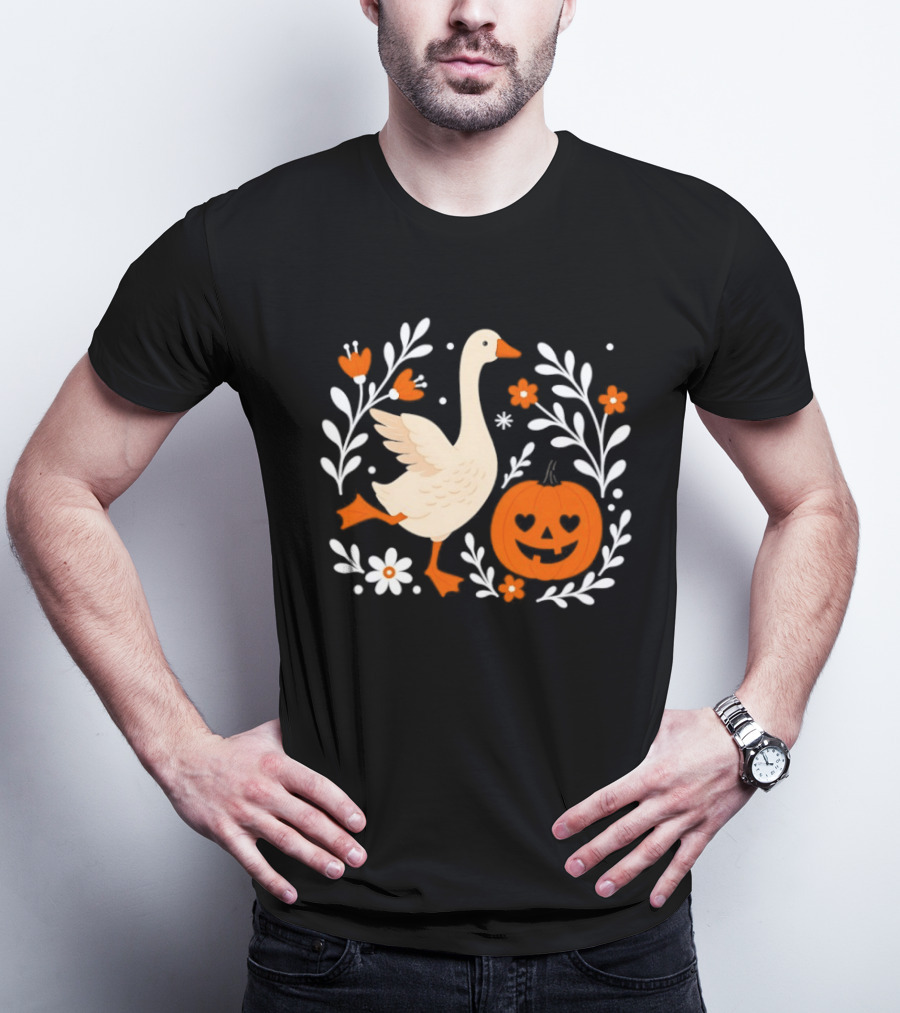 Goose And Pumpkin With Floral Halloween Vibes T-Shirt
