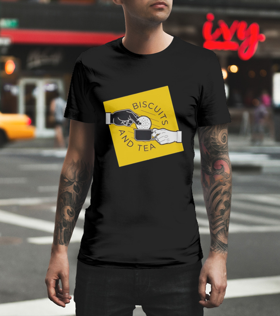 Biscuits And Tea Dipping Cartoon Illustration Yellow T-Shirt