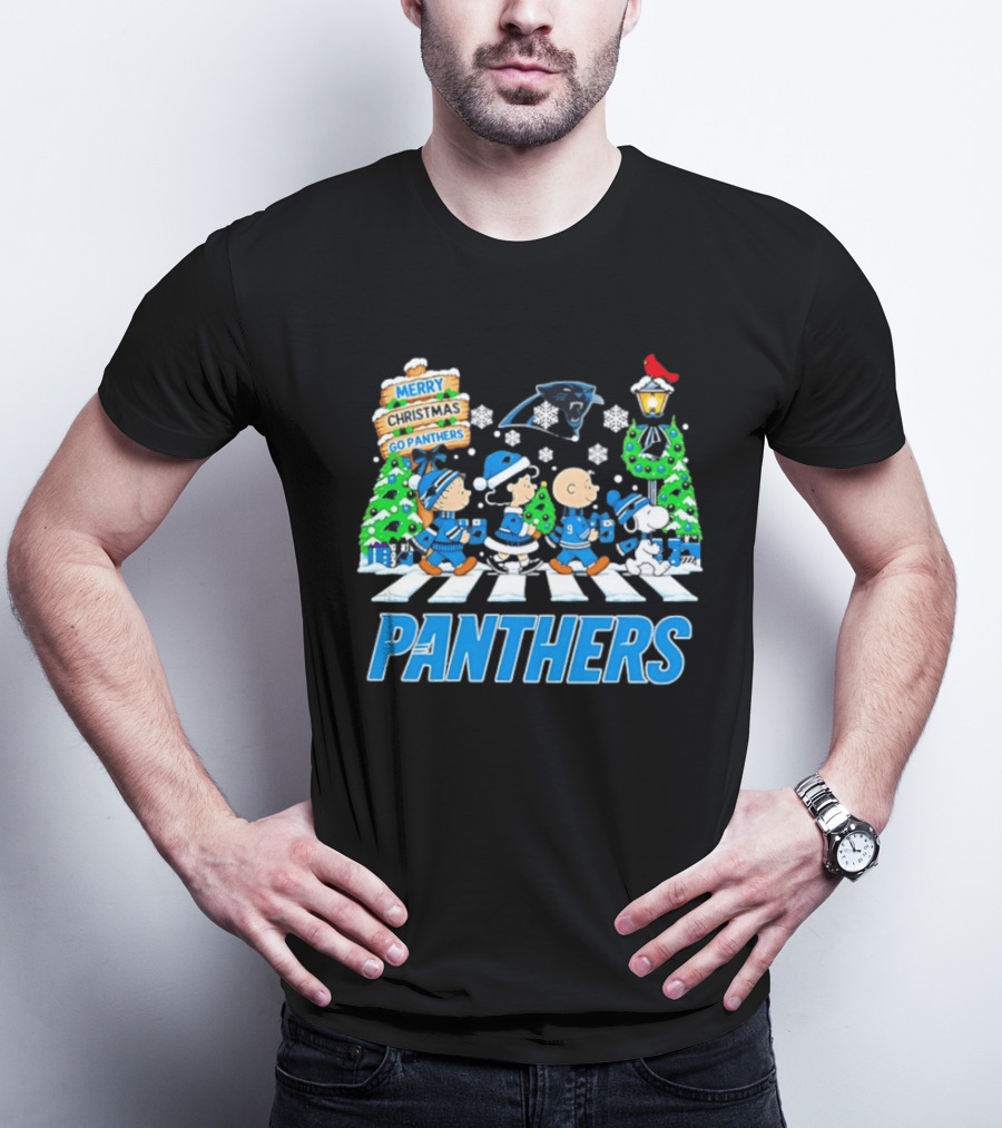 Carolina Panthers Peanuts Abbey Road Christmas Merry Go Panthers T-Shirt