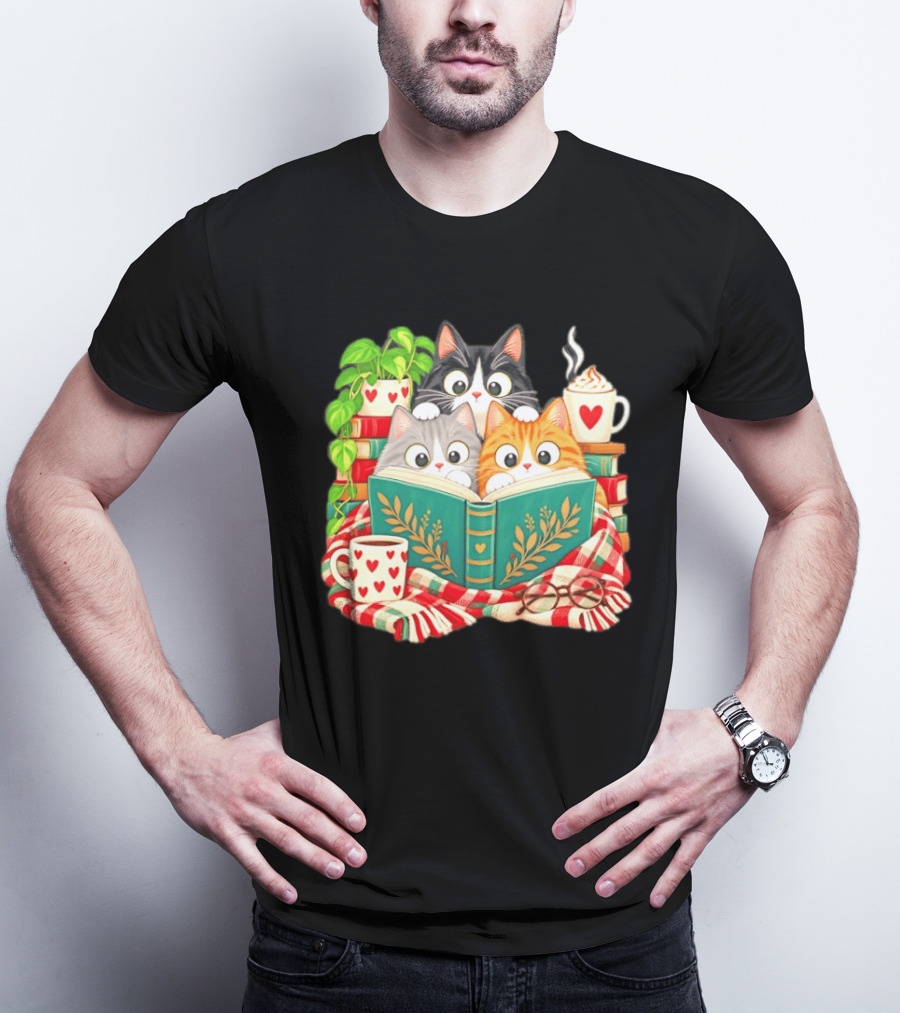 Cats Cozy Reading Books Coffee And Heart S T-Shirt