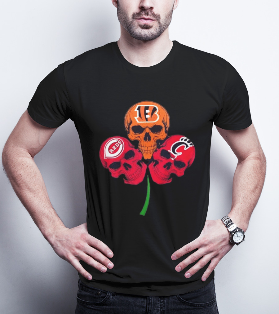 Cincinnati Bengals Reds Bearcats Shamrock Skulls Trio T-Shirt