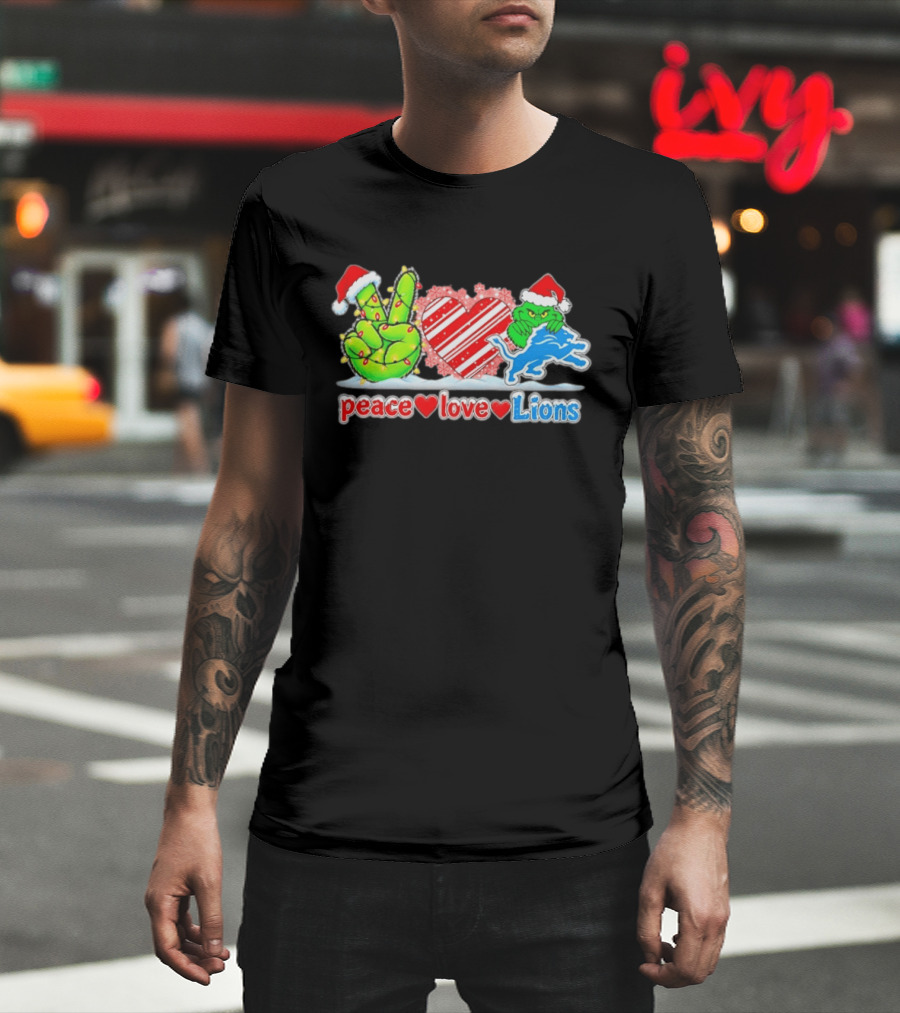Peace Love Lions Christmas Grinch Detroit Lions T-Shirt