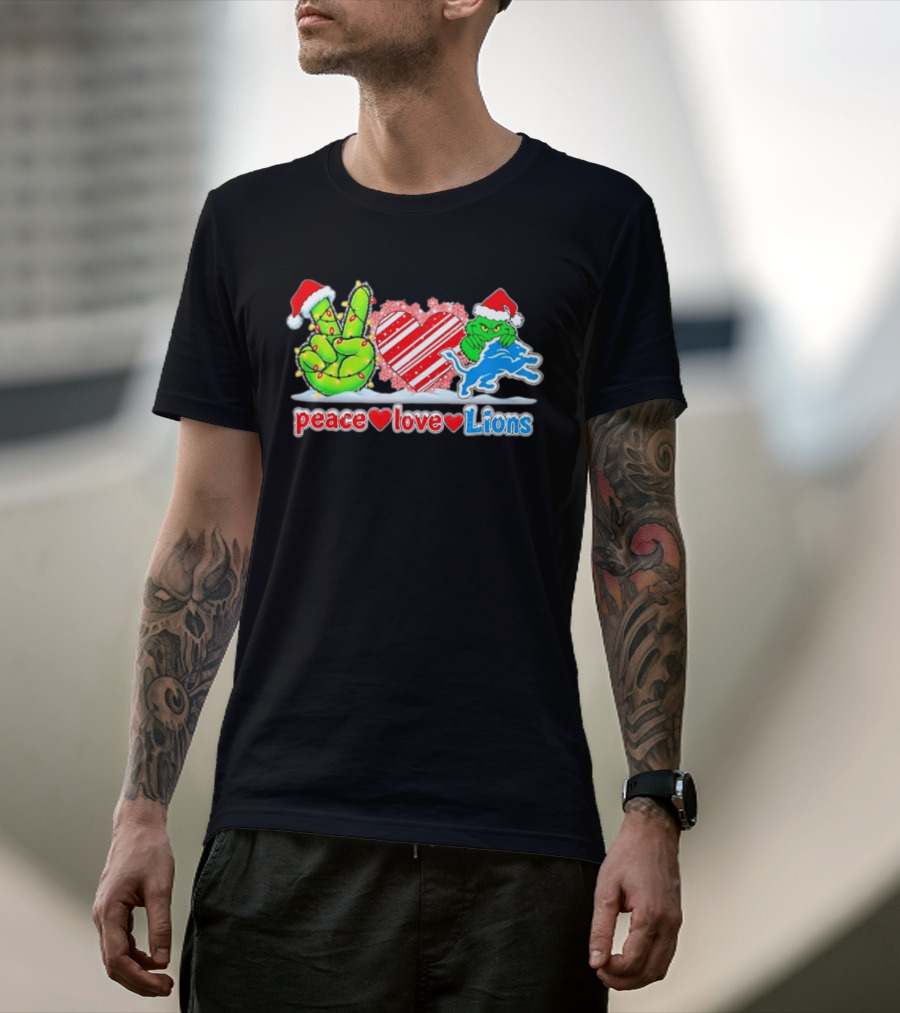 Peace Love Lions Christmas Grinch Detroit Lions T-Shirt
