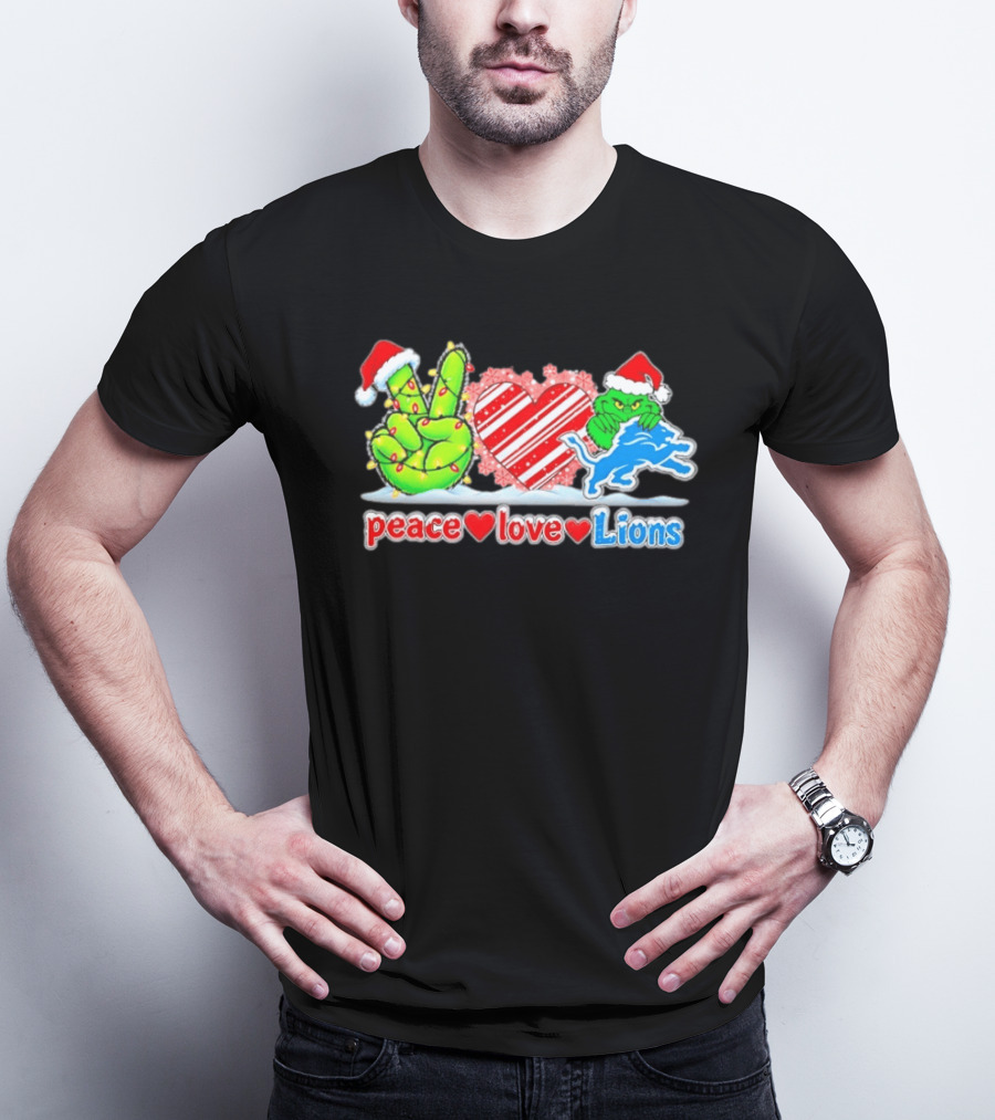 Peace Love Lions Christmas Grinch Detroit Lions T-Shirt