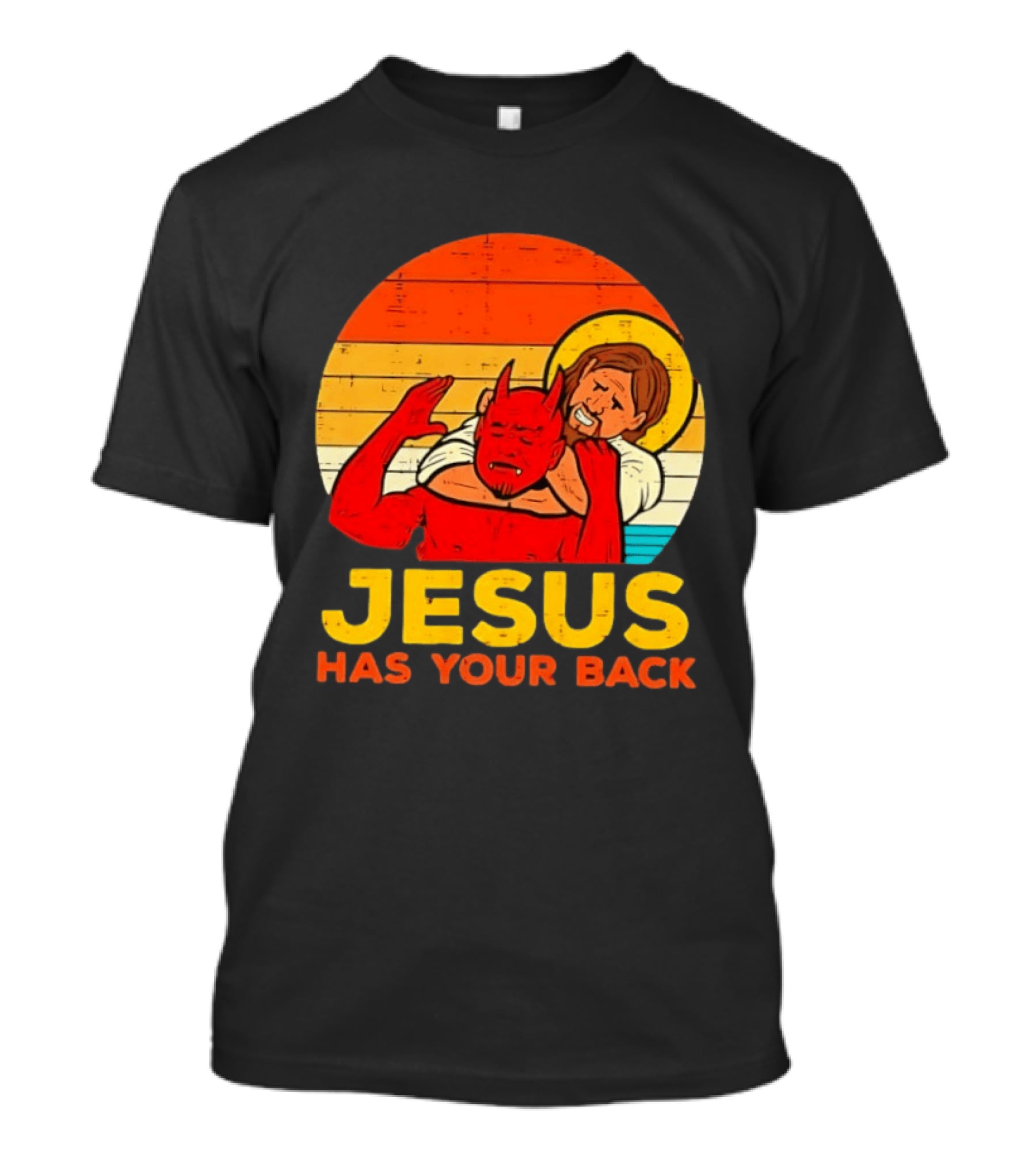Jesus Has Your Back Devil Wrestling Retro Sunset T-Shirt