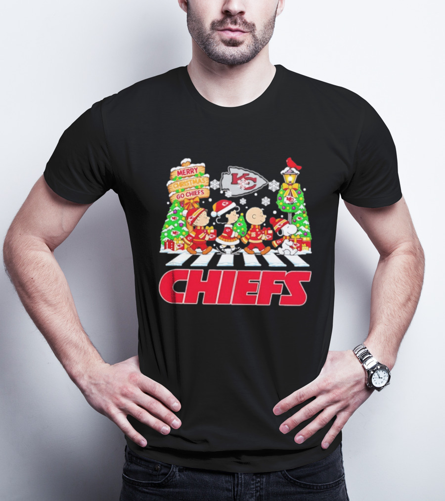 Kansas City Chiefs Peanuts Abbey Road Christmas Snowflakes Charlie Brown Snoopy T-Shirt