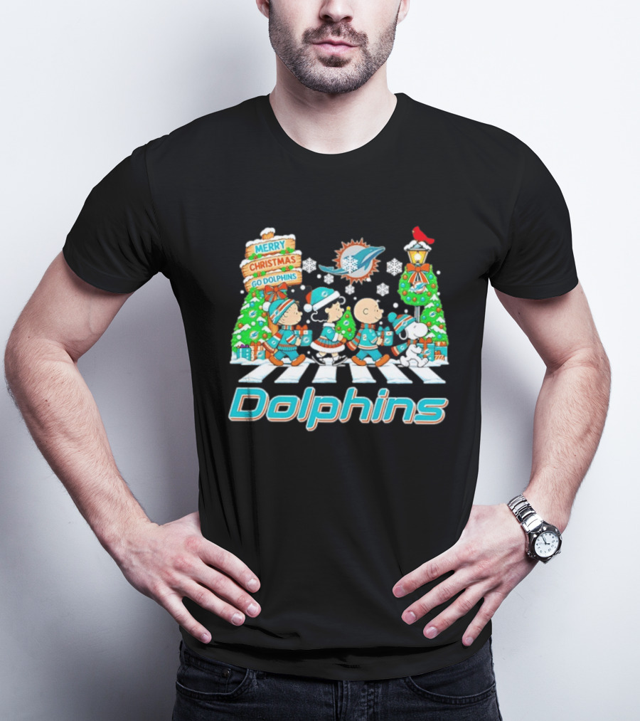 Miami Dolphins Peanuts Characters Abbey Road Christmas Scene T-Shirt