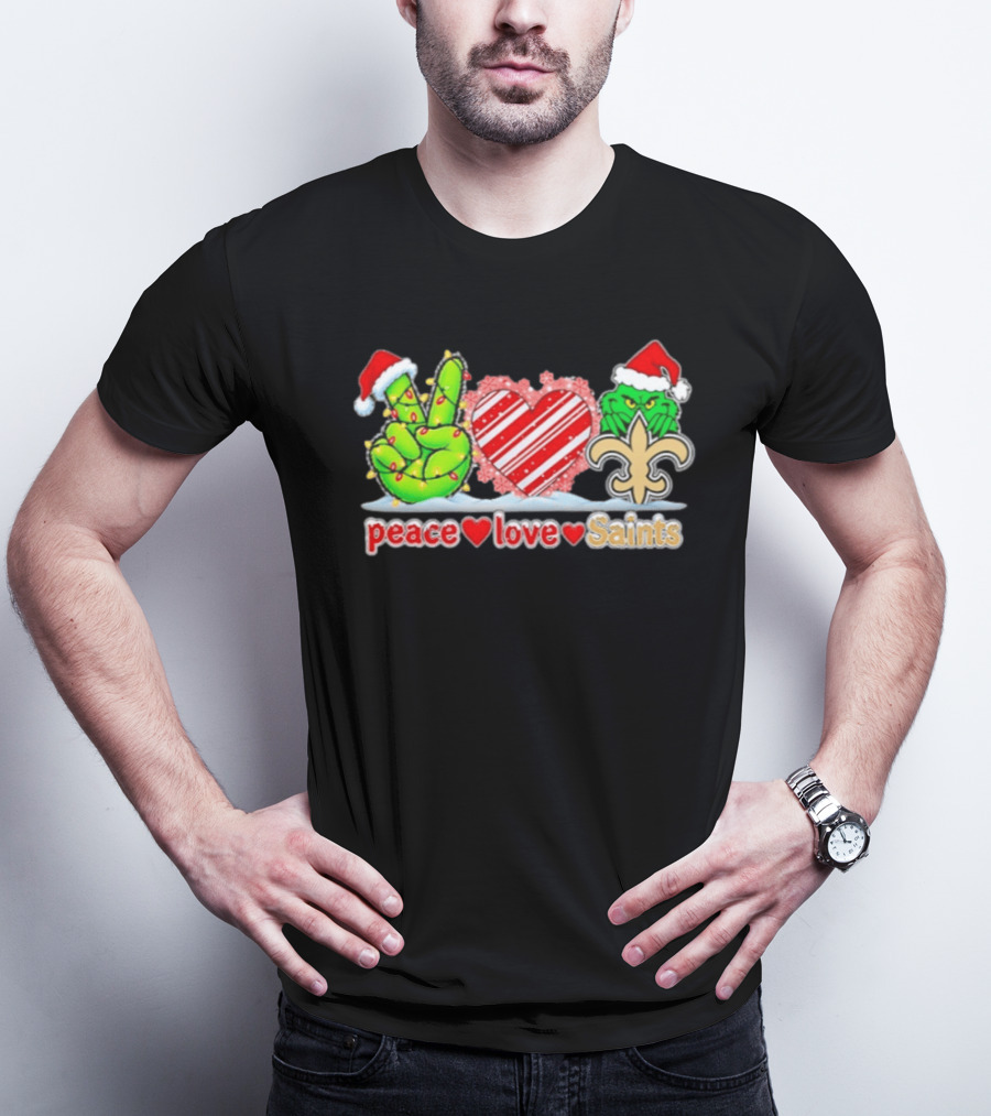 Peace Love Saints Grinch Christmas New Orleans Saints Holiday Fun T-Shirt