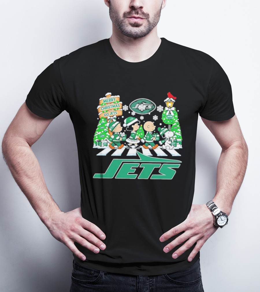 Merry Christmas Go Jets Peanuts Characters Walking Abbey Road Snowflakes T-Shirt