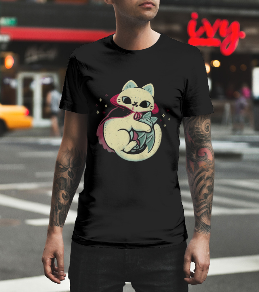 Vampire Cat Cuddles Bat With Cloak And Fangs T-Shirt