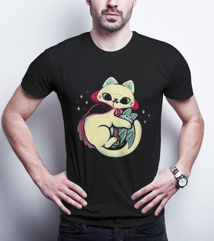 Vampire Cat Cuddles Bat With Cloak And Fangs T-Shirt