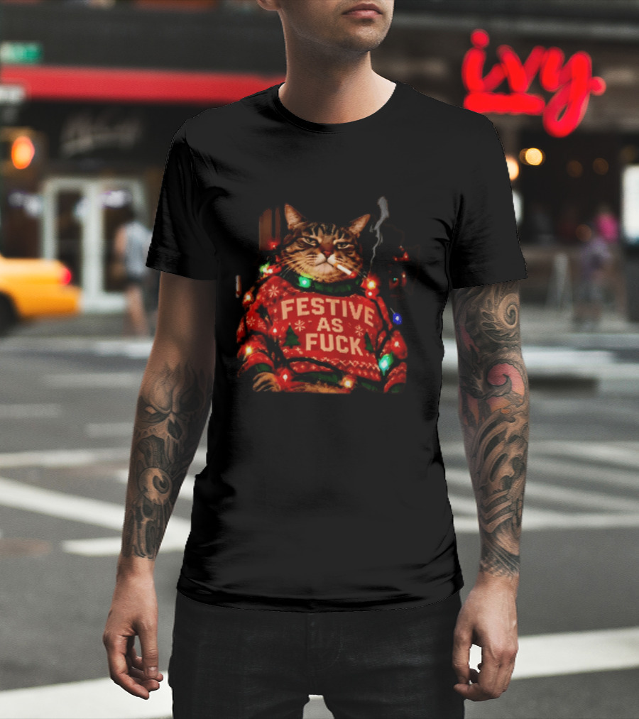 Festive As Fuck Smoking Cat Christmas Sweater Light Up Holiday Joke T-Shirt