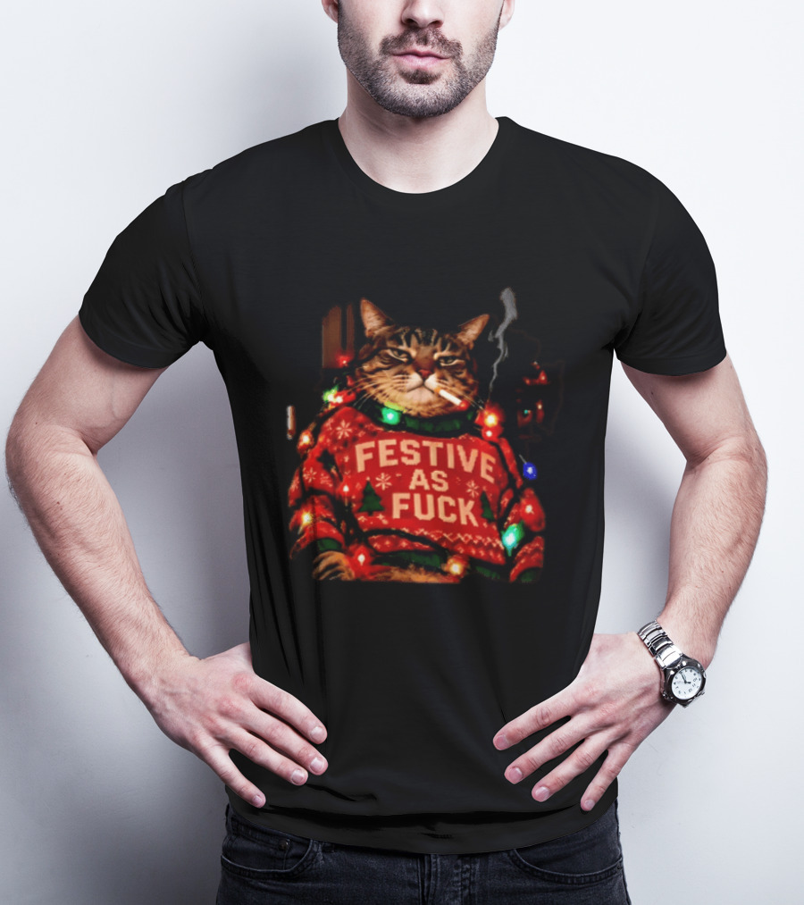Festive As Fuck Smoking Cat Christmas Sweater Light Up Holiday Joke T-Shirt