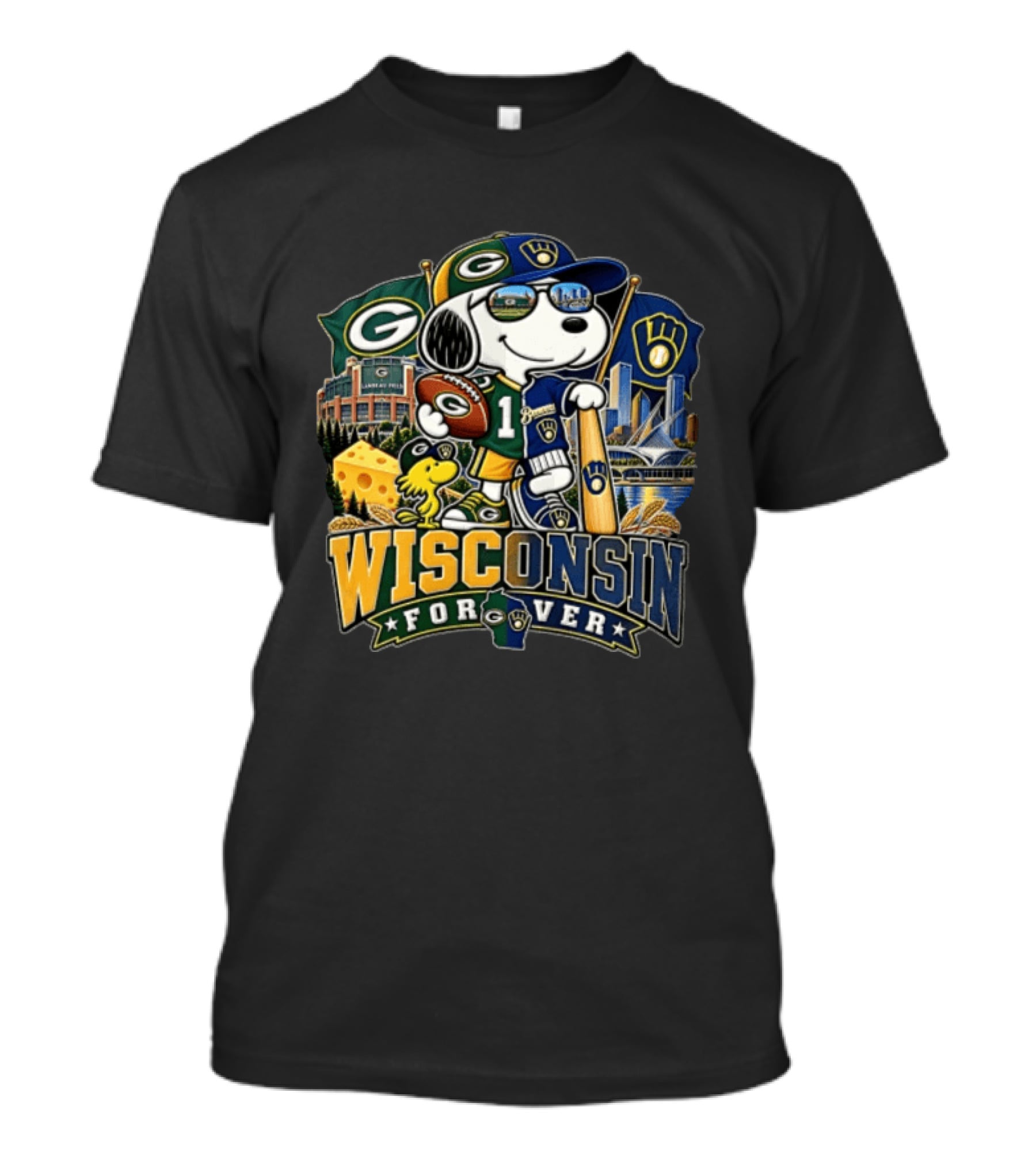 Wisconsin Forever Snoopy Green Bay Packers Milwaukee Brewers Sports Fan Collection T-Shirt