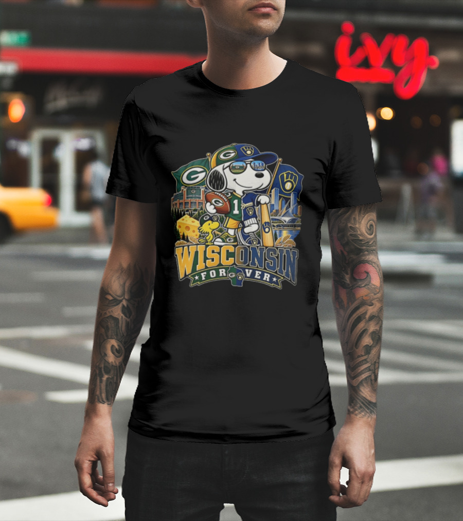 Wisconsin Forever Snoopy Green Bay Packers Milwaukee Brewers Sports Fan Collection T-Shirt