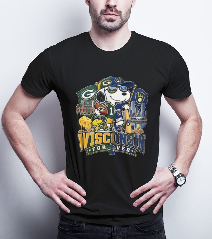 Wisconsin Forever Snoopy Green Bay Packers Milwaukee Brewers Sports Fan Collection T-Shirt