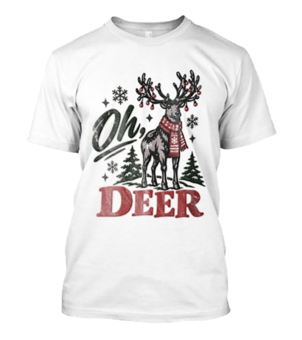 Oh Deer Christmas Reindeer With Holiday Scarf And Snowflakes T-Shirt