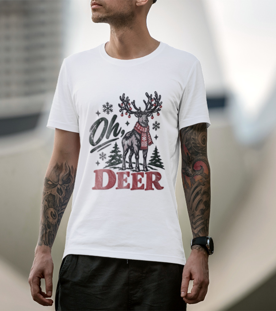Oh Deer Christmas Reindeer With Holiday Scarf And Snowflakes T-Shirt