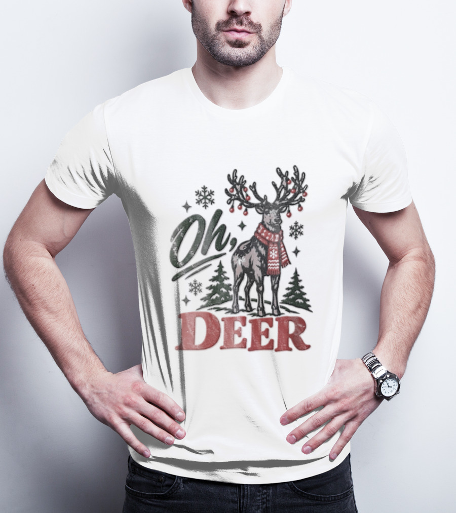 Oh Deer Christmas Reindeer With Holiday Scarf And Snowflakes T-Shirt