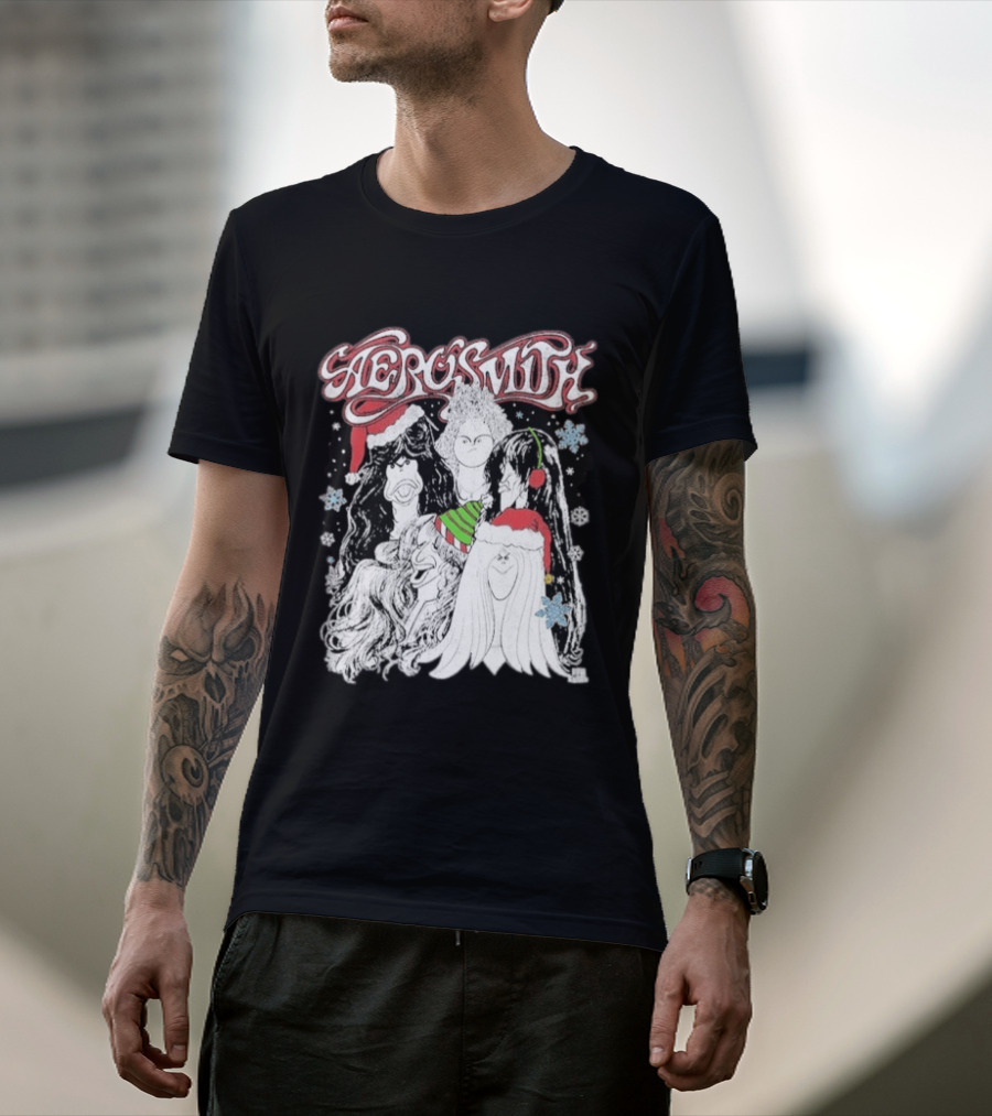 Aerosmith Draw The Line Christmas Santa Hats Snowflakes T-Shirt