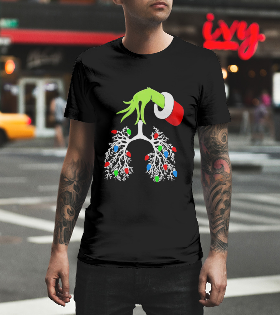 Grinch Hand Holding Christmas Lights Lung Festive T-Shirt