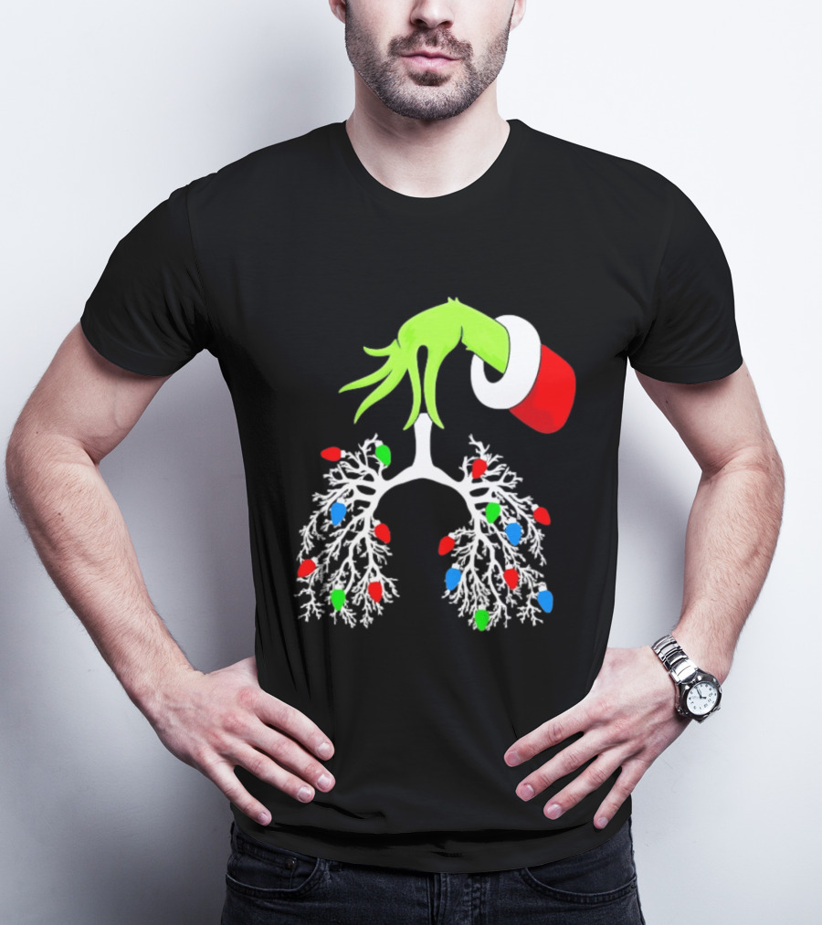 Grinch Hand Holding Christmas Lights Lung Festive T-Shirt