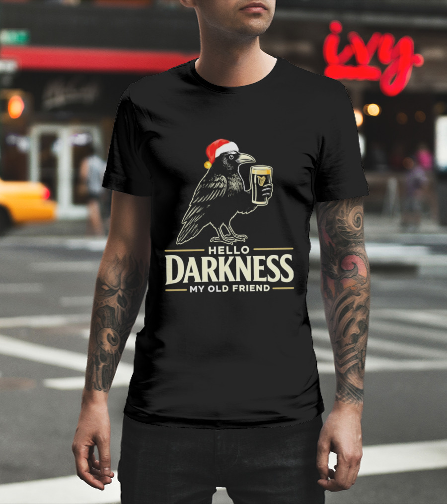 Raven Hello Darkness My Old Friend Christmas Beer Santa Hat T-Shirt