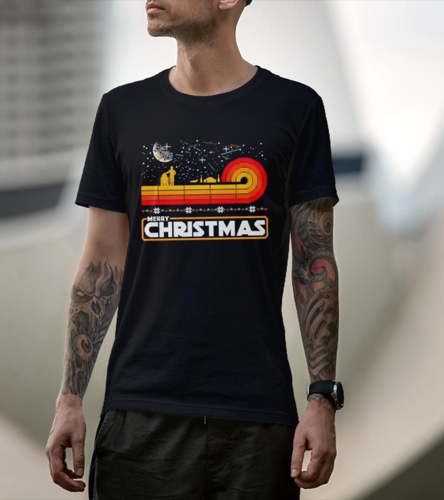Star Wars R2 D2 Luke Skywalker Merry Christmas Retro Sunset T-Shirt