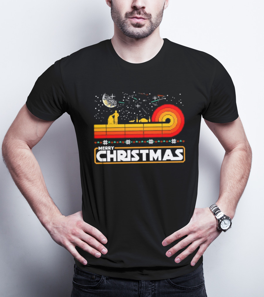 Star Wars R2 D2 Luke Skywalker Merry Christmas Retro Sunset T-Shirt