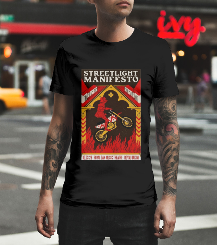 Streetlight Manifesto Royal Oak Music Theatre October 23 2026 Concert Knight On Motorcycle Fire Arch T-Shirt
