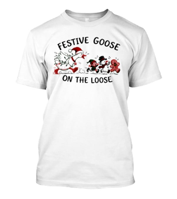 Festive Goose On The Loose Christmas Holiday Santa Hat And Gingerbread Men Chase T-Shirt