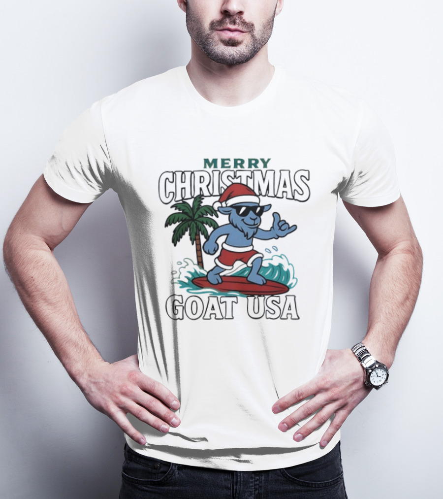 Merry Christmas Goat USA Surfing Santa Holiday Fun T-Shirt