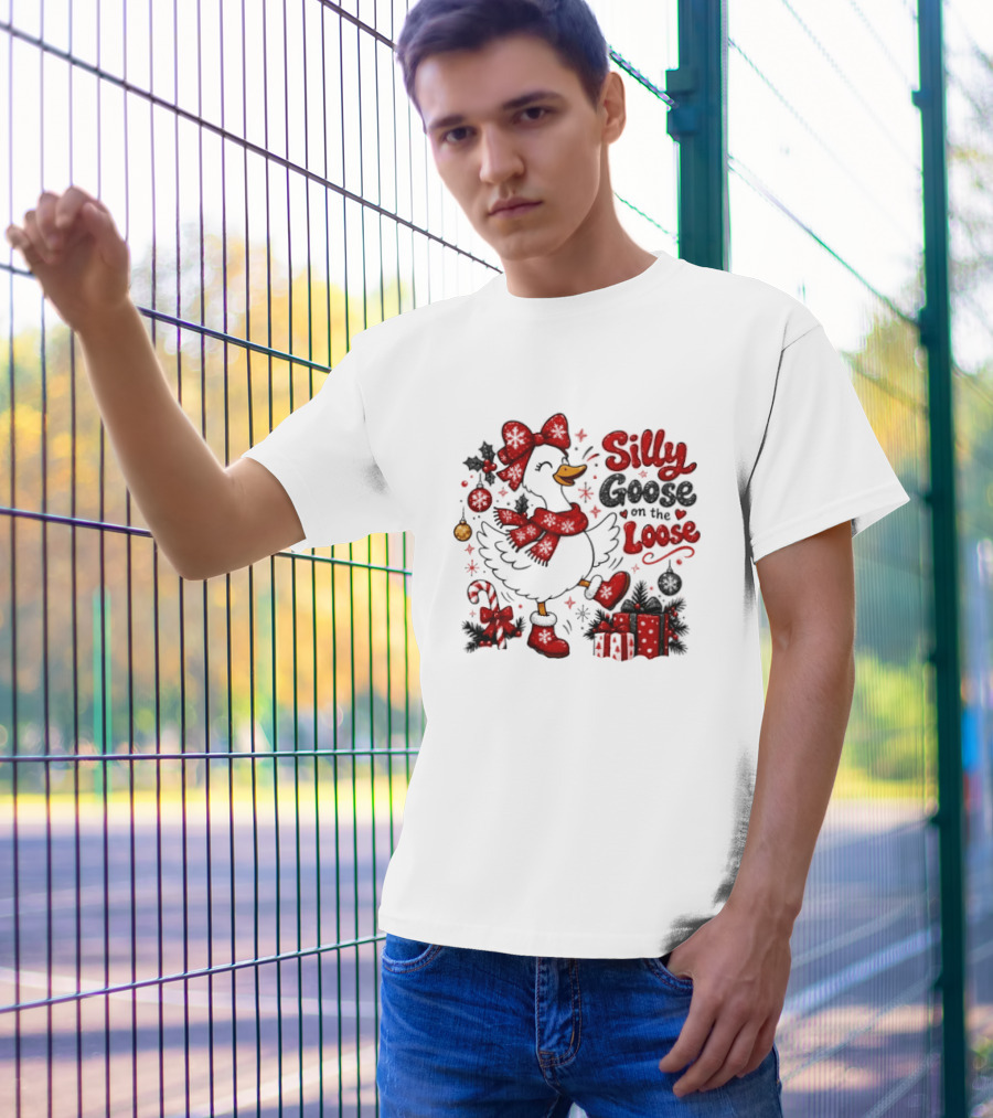 Silly Goose On The Loose Christmas Holiday Goose With Presents And Candy Cane T-Shirt