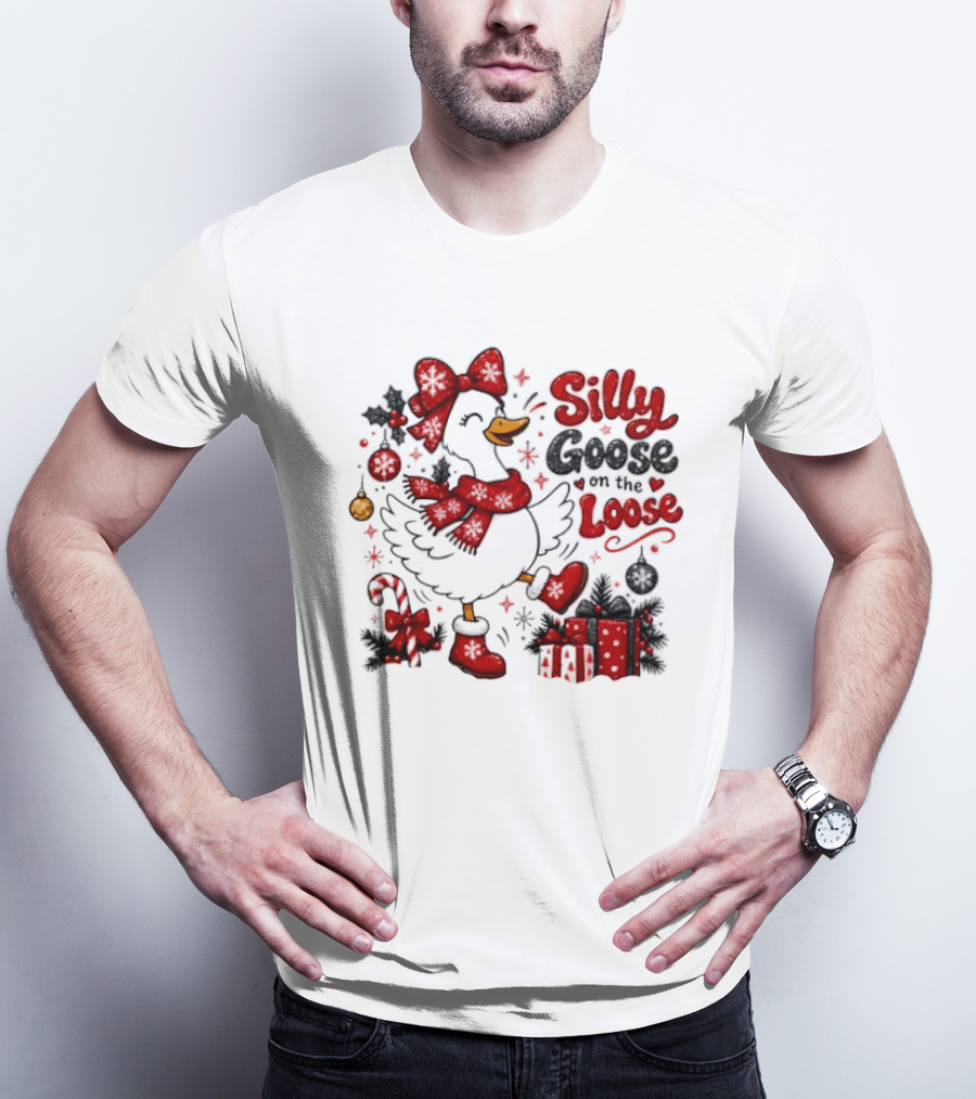 Silly Goose On The Loose Christmas Holiday Goose With Presents And Candy Cane T-Shirt