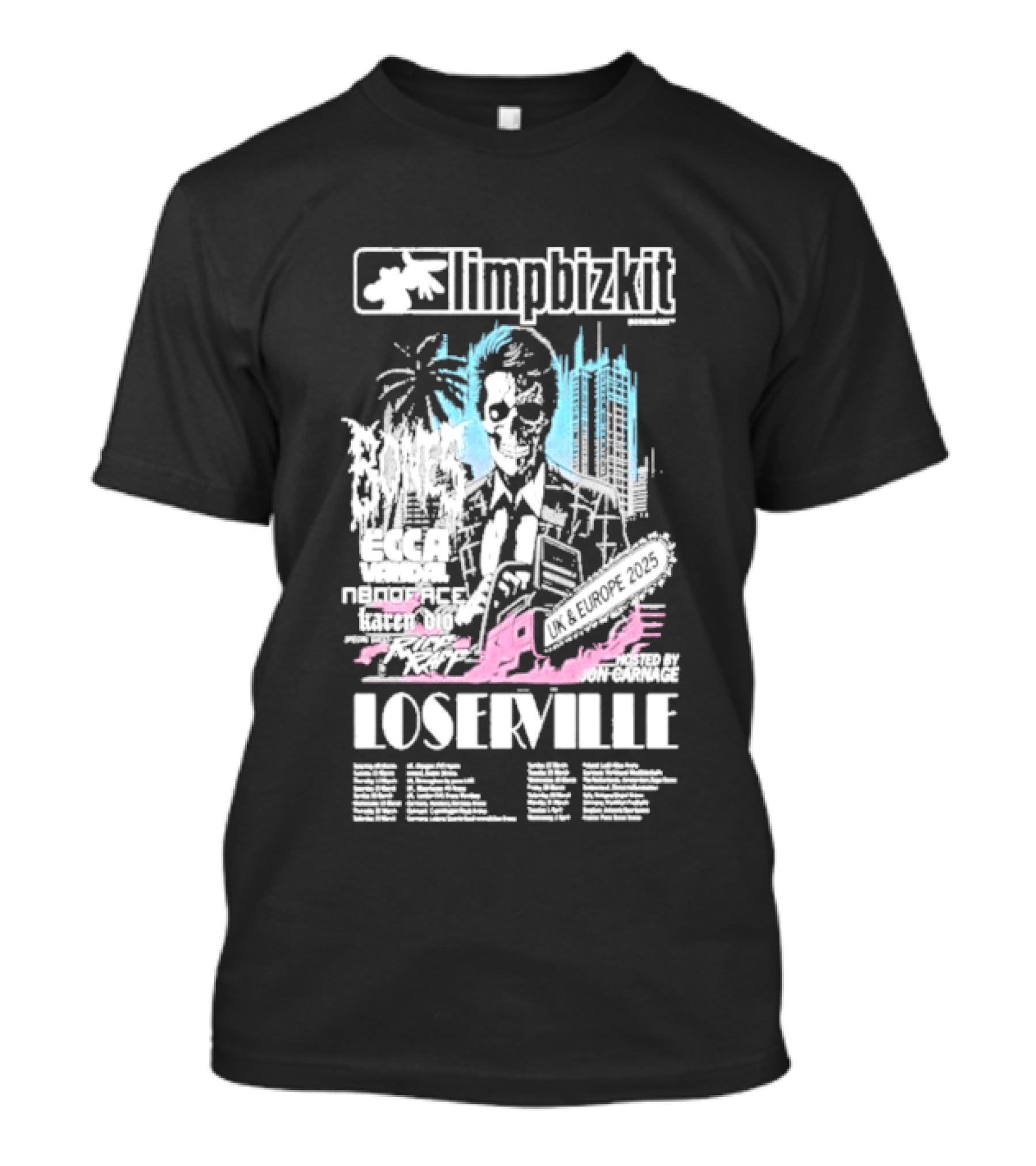 Limp Bizkit Loserville UK Europe Tour 2025 Pastel Artwork Palm Trees And Cityscape T-Shirt